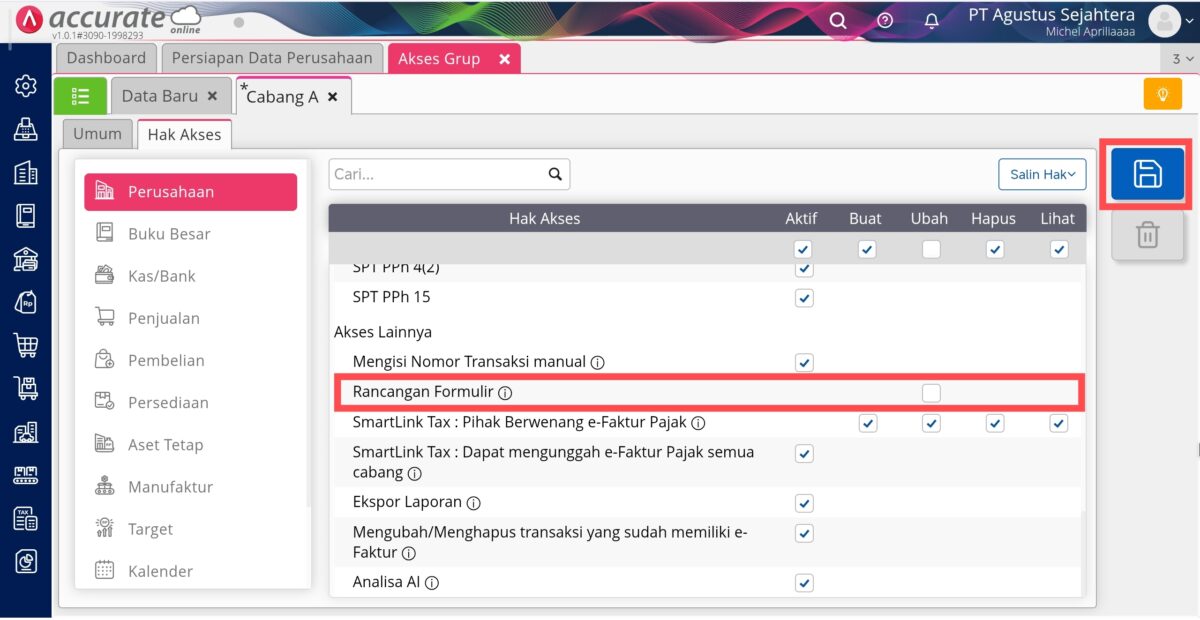 Membatasi Akses Rancangan Formulir - Program Akutansi